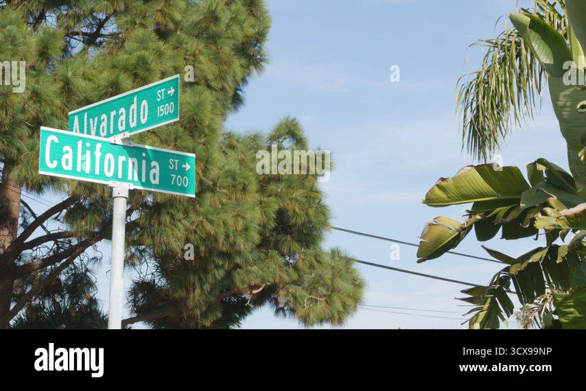 California street road sign on crossroad. Lettering on intersection ...