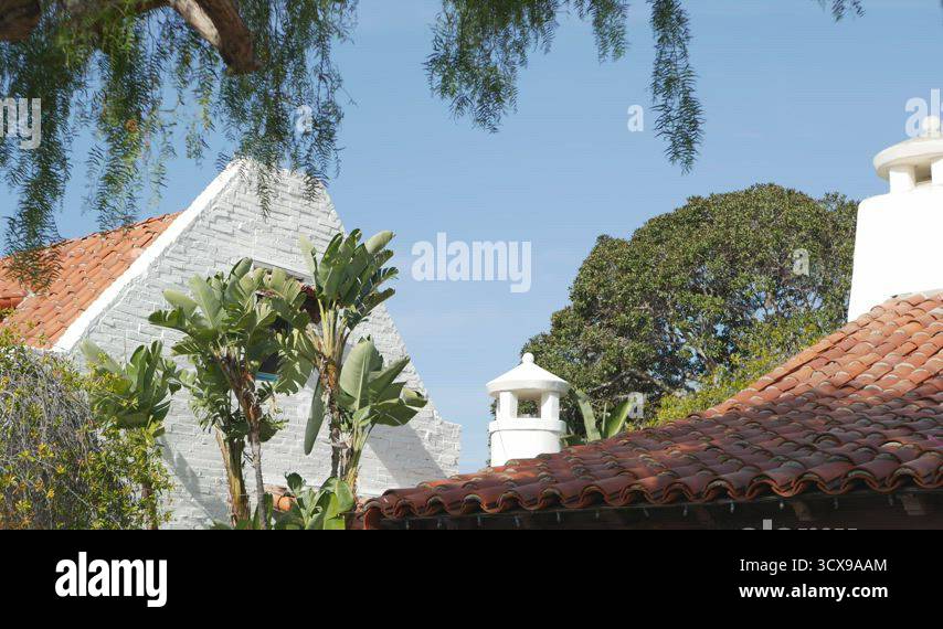 Mexican colonial style suburban, hispanic house exterior, green lush ...