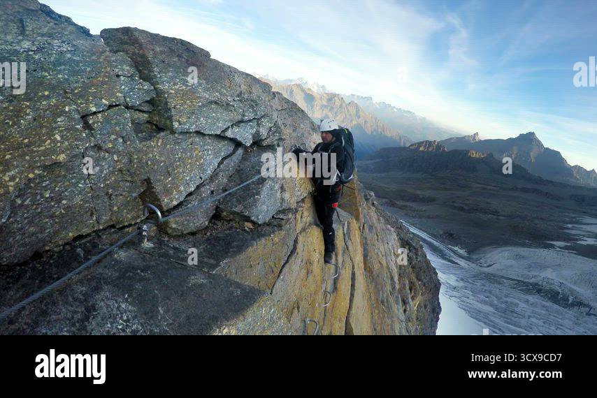 POV to mountaineer on dangerous track on expedition to Gran Paradiso ...