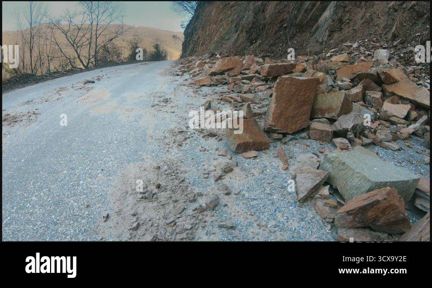 Road landslide. Mud and rocks blocking the road Stock Video Footage - Alamy
