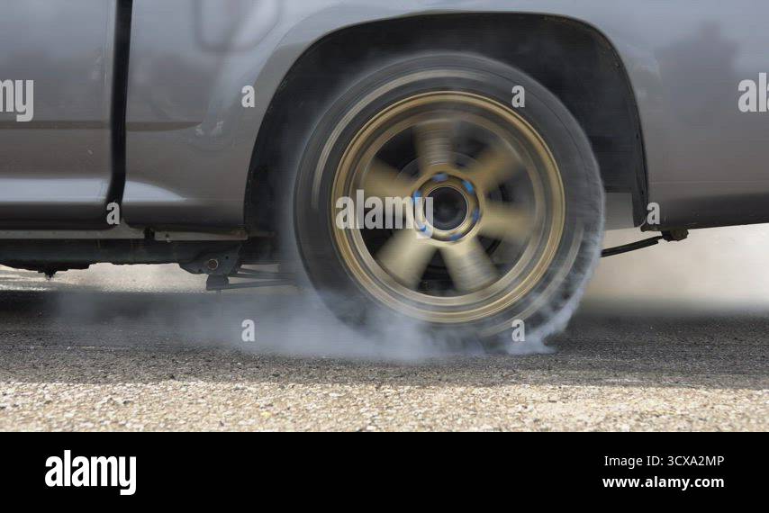 Drag racing car burns rubber off its tires in preparation for the race ...