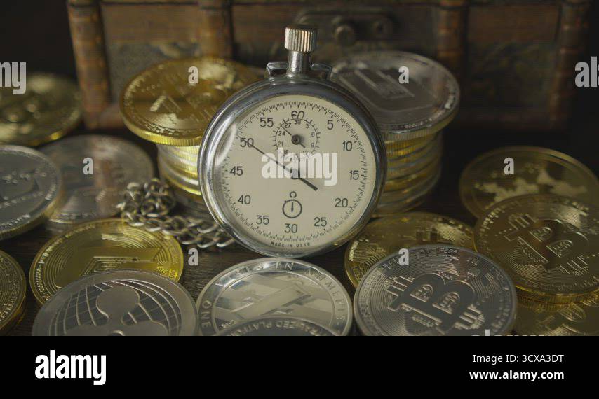 Bitcoin BTC with stopwatch lies on bills. Time is money concept Stock ...