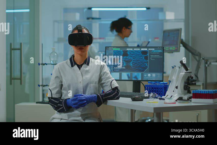 Professional scientist wearing virtual reality glasses using medical ...