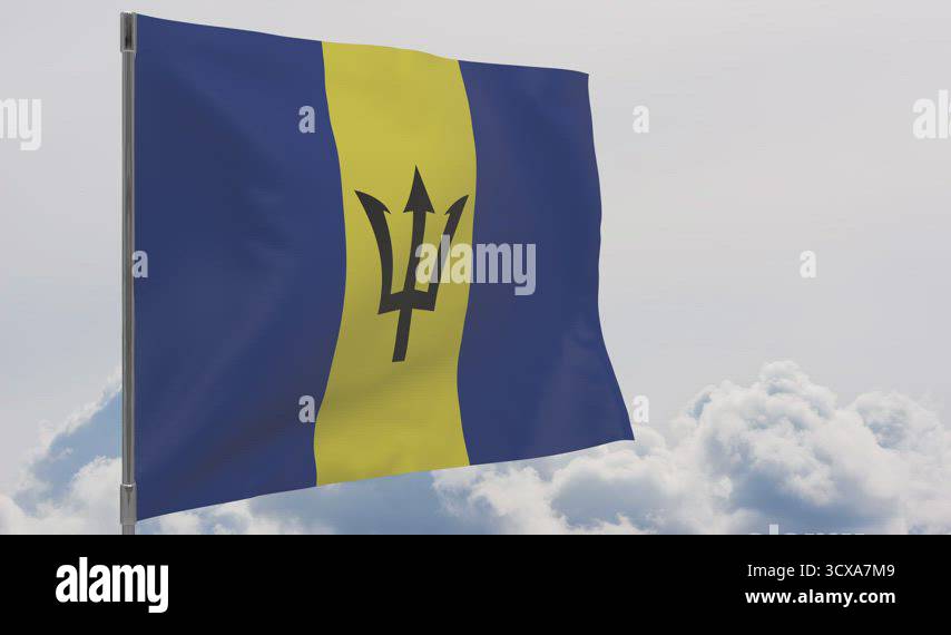 Barbados flag on pole with sky background seamless loop 3d animation ...