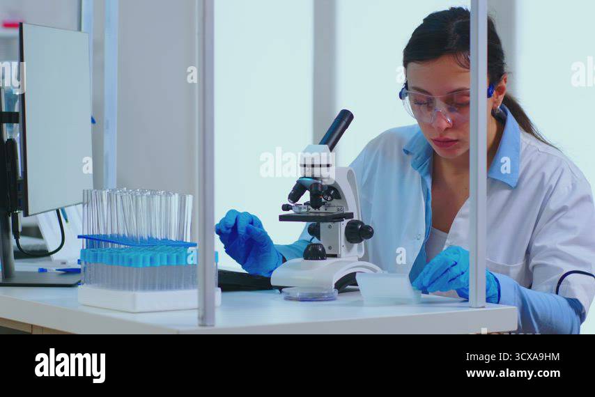 Scientist placing a slide on specimen stage of a laboratory microscope ...
