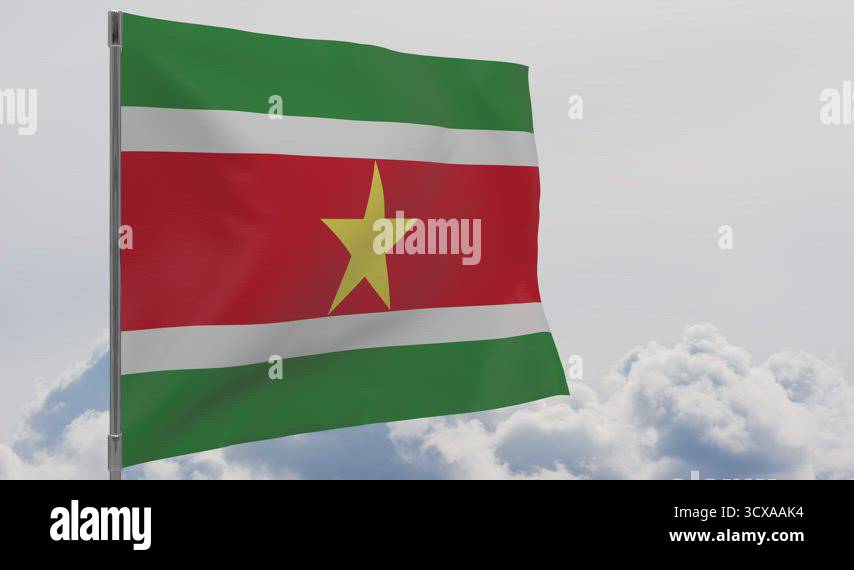 Suriname flag on pole with sky background seamless loop 3d animation ...