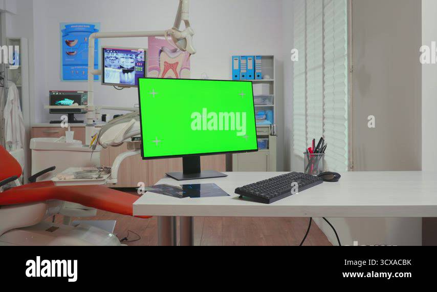 Computer with chroma key pc desktop placed in front of camera Stock ...