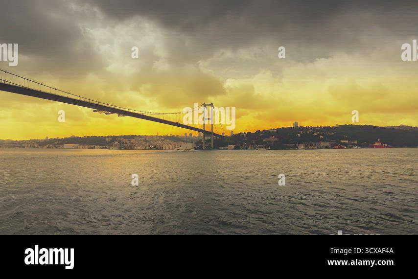 Hyper lapse of Bosporus Bridge seen from a ferry boat. Istanbul City ...