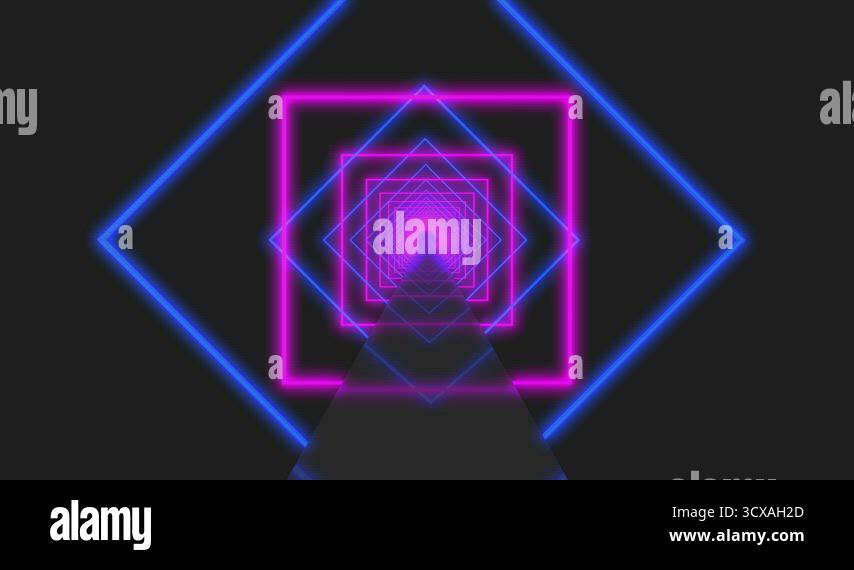 Flying through glowing rotating neon squares creating a tunnel, pink blue light, modern colorful ...