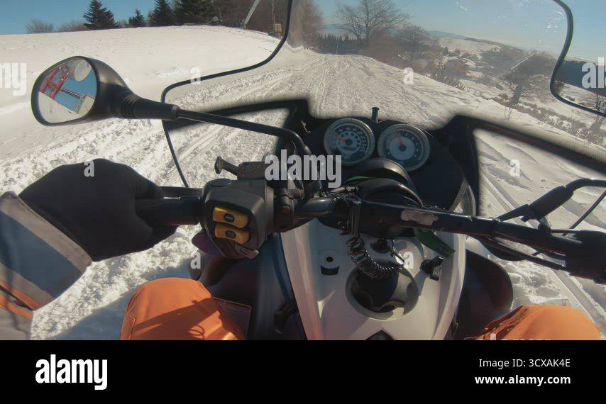 pov Snowmobile driving. Winter forest. Walk on snowmobiles. Recreation ...