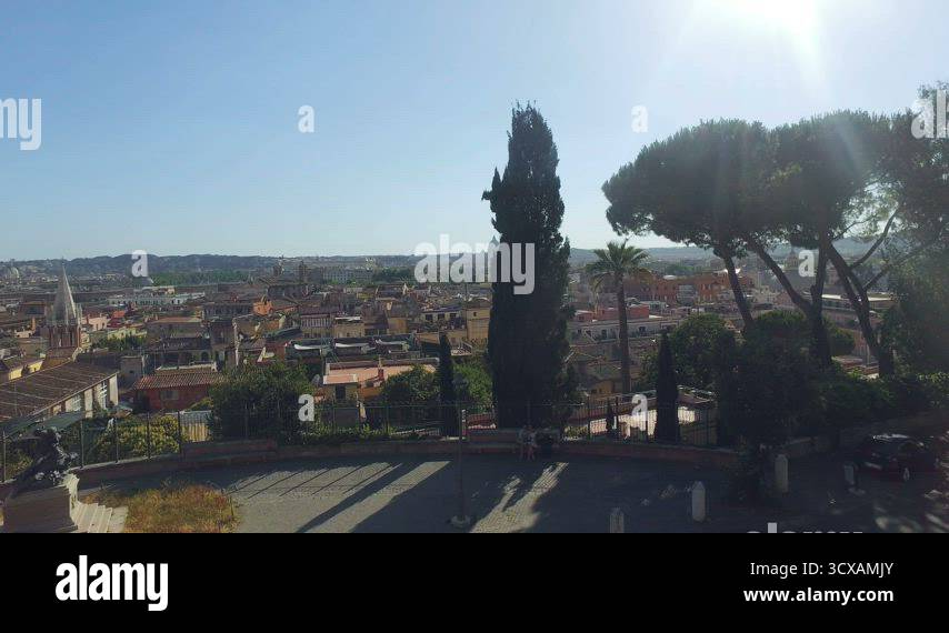 Panoramic view of Rome, Italy from Terrazza Viale del Belvedere in park ...
