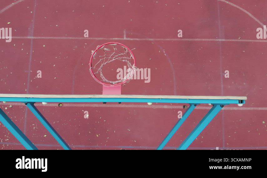 Top angle basketball backboard. Thrown orange basketball hits the ...