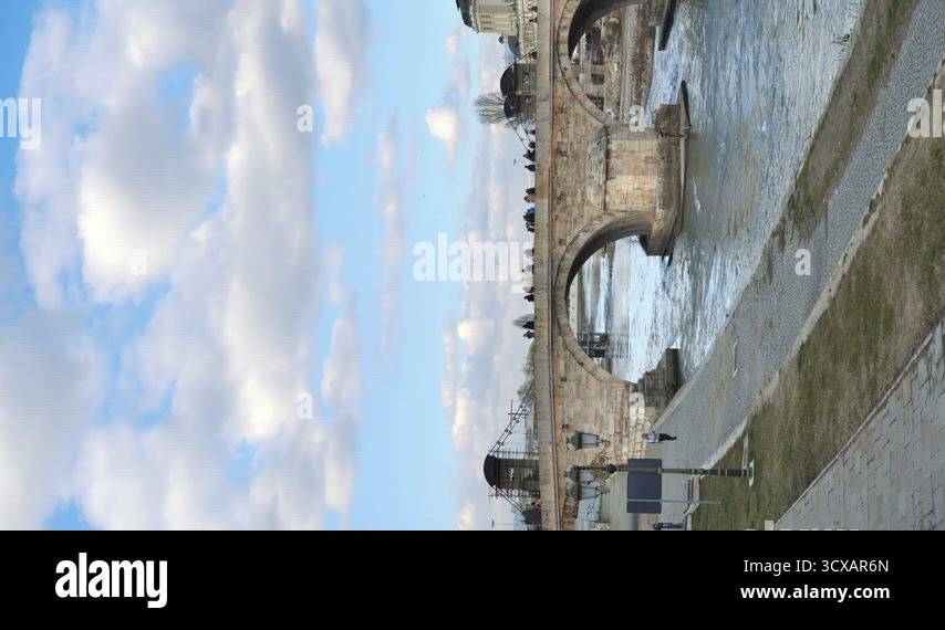 Panoramic footage from Skopje Stone bridge, Macedonia, vertical ...
