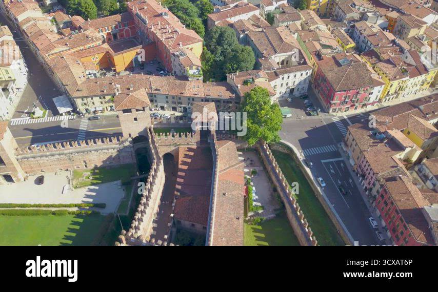 Verona, Italy: Aerial view of Castelvecchio Castle.Drone flies over the ...