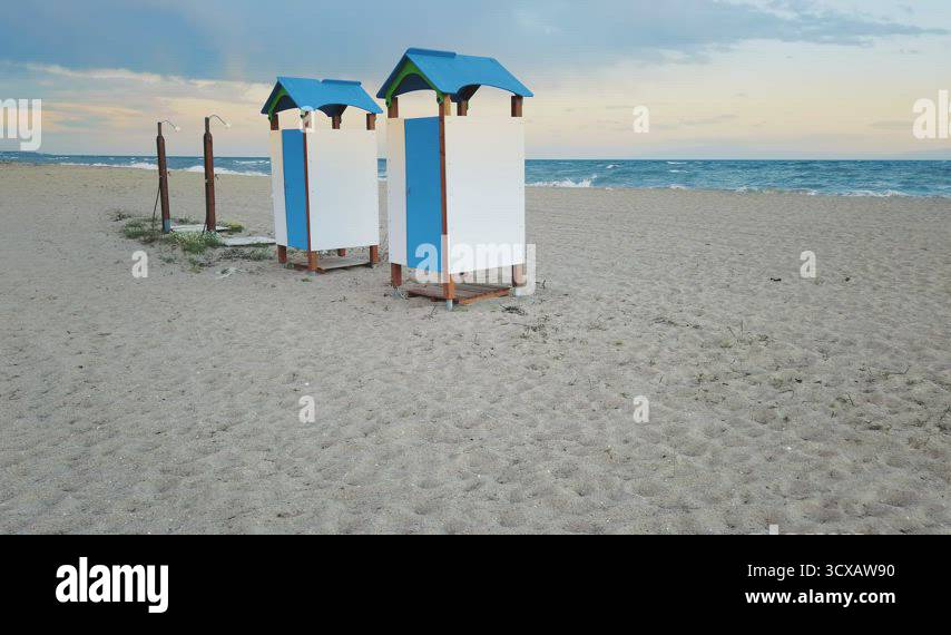 Changing room at empty beach in Greece at sunset Stock Video Footage ...