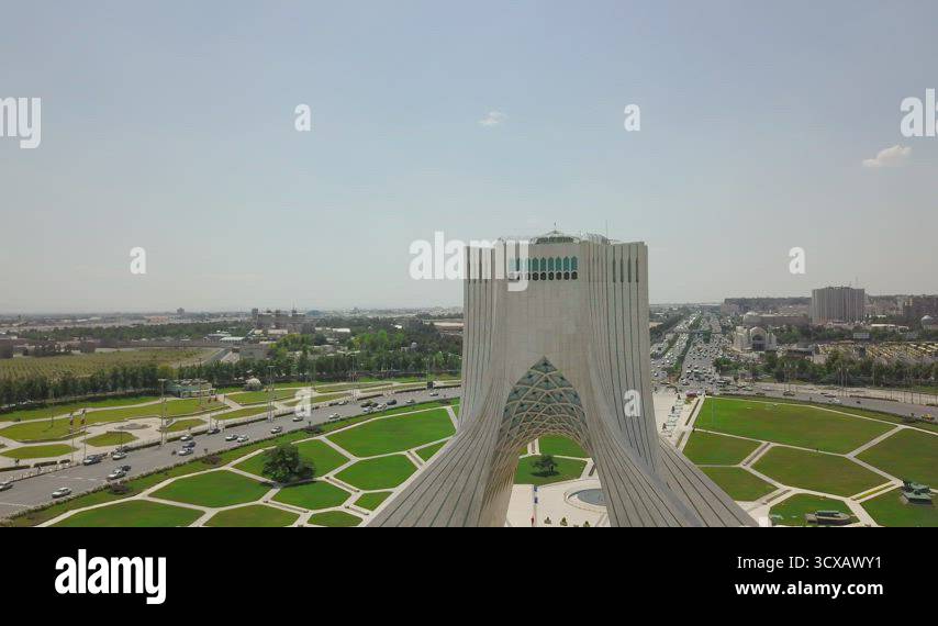 Aerial drone view of the Azadi tower in Tehran. Iran 2018, may. A ...