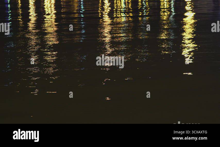 Night lights reflecting on water focus on foreground Stock Video ...