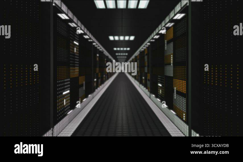 Digital information flows through network and data servers behind mesh ...
