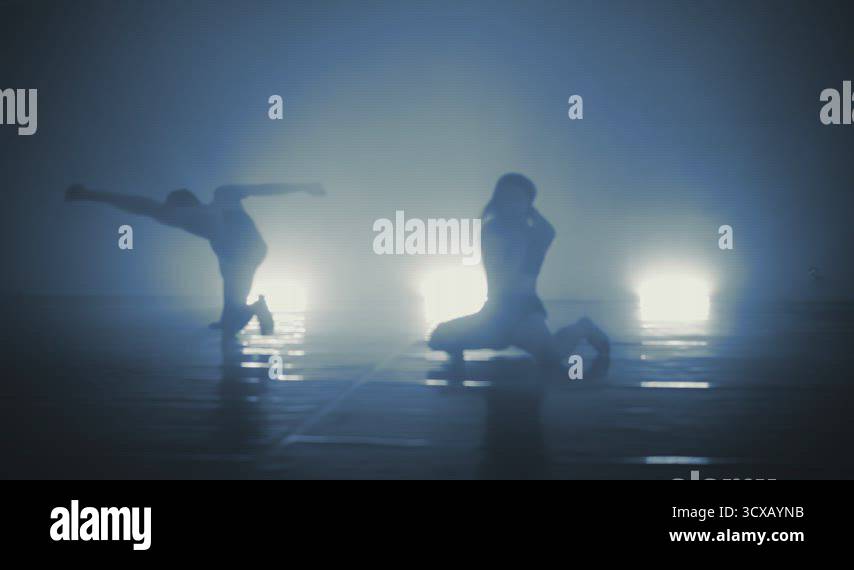 Romantic professional ballet pair practicing moves on dark stage Stock ...