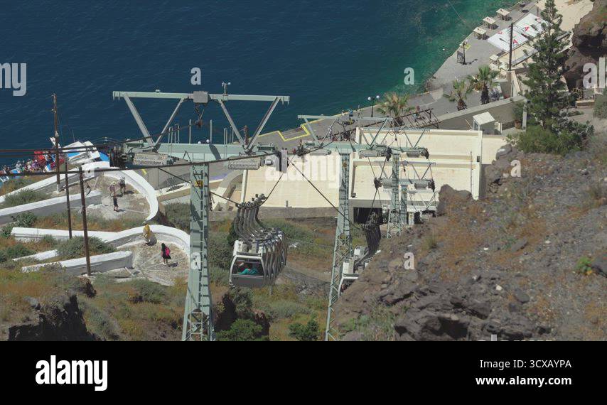 Cable car to port where tenders offload passengers on Santorini Stock ...