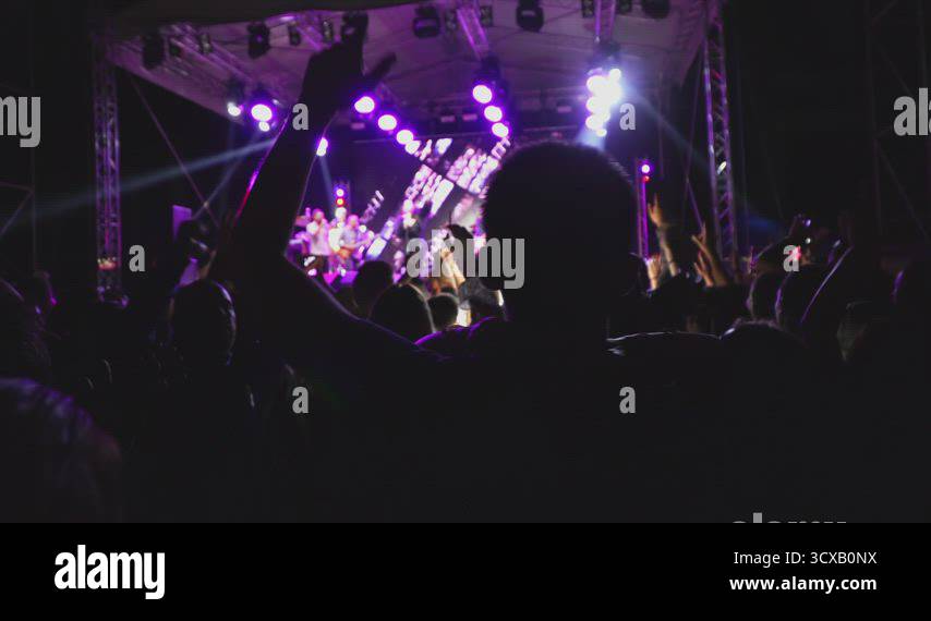 silhouettes of concert crowd in front of bright stage lights. Dark ...