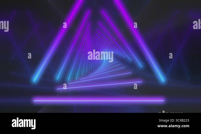 Abstract flying in futuristic corridor with triangles, seamless loop 4k background, fluorescent ...
