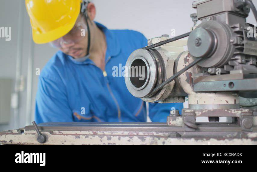 Close up Asian factory worker with yellow hardhat and blue uniform work ...