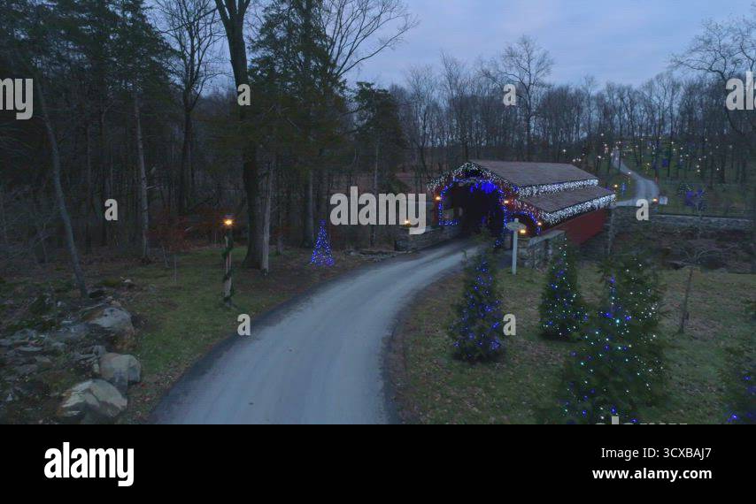 Drone View of a Christmas Display of a Covered Bridge and Surrounding ...