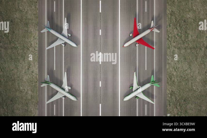 Aerial view of parked airplanes at the airport runway. Situation due to ...