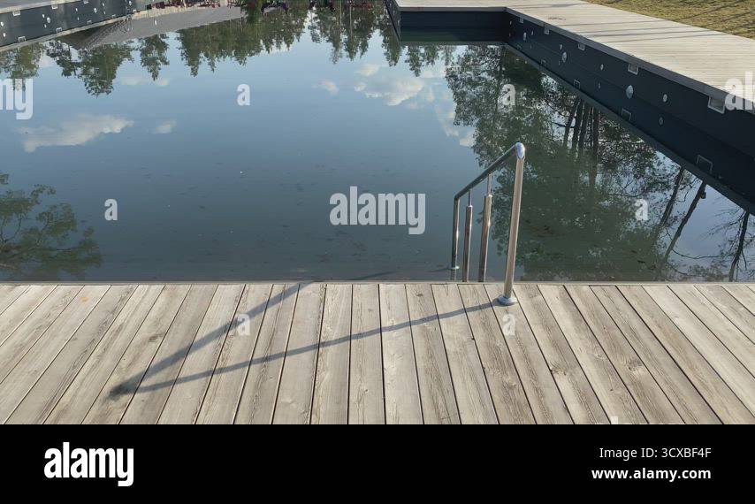 Sunny day by the pool in pine forest. Long shadow from railing on ...