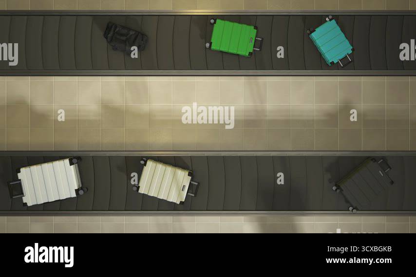 Luggages Moving On Airport Conveyor Belt Overhead View Loopable ...