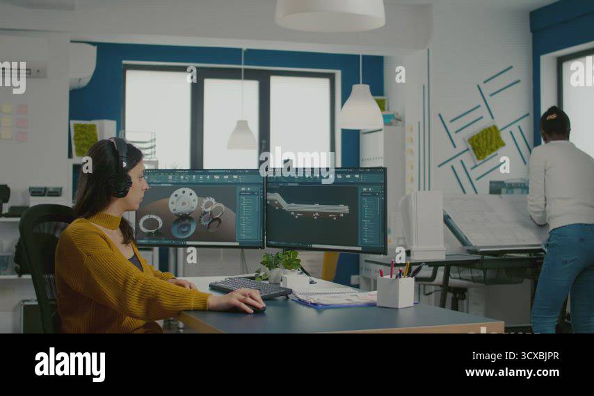 Teamwork sharing ideas about industrial project analysing 3D gears ...