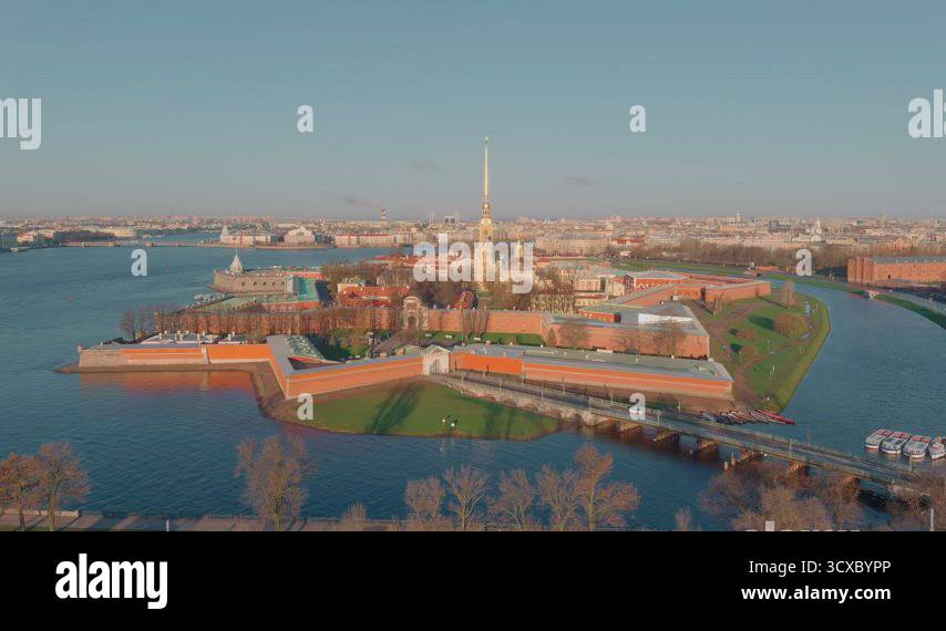 The morning approach by drone to the Peter and Paul cathedral and ...