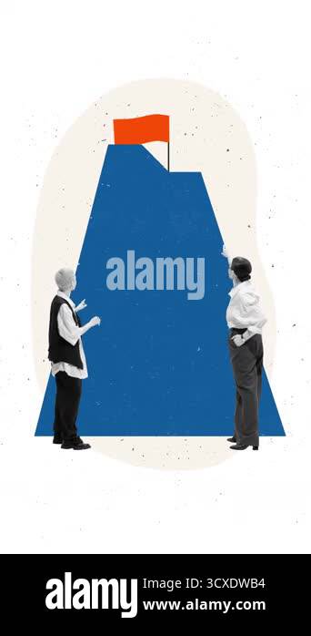 Stop motion animation of two people discussing steep path with flag and ...