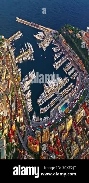 Birds eye aerial view of traffic in Monte Carlo, Monaco. Famous formula ...