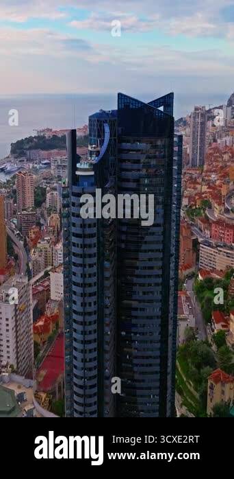 Aerial view of the city center of Monaco. Establishing shot showcases ...