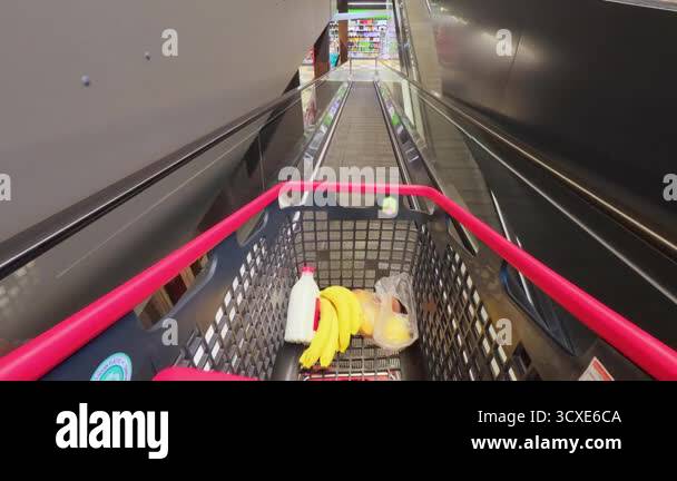 Point of view of a shopping cart with groceries moving down a ...
