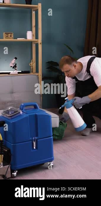 Dry cleaners employee using vacuum cleaner and cleaning sofa at home ...