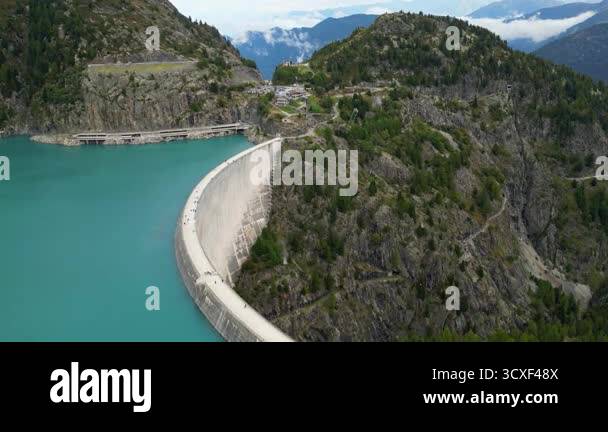 Aerial panoramic view of Emosson Dam in Finhaut, Switzerland, with ...