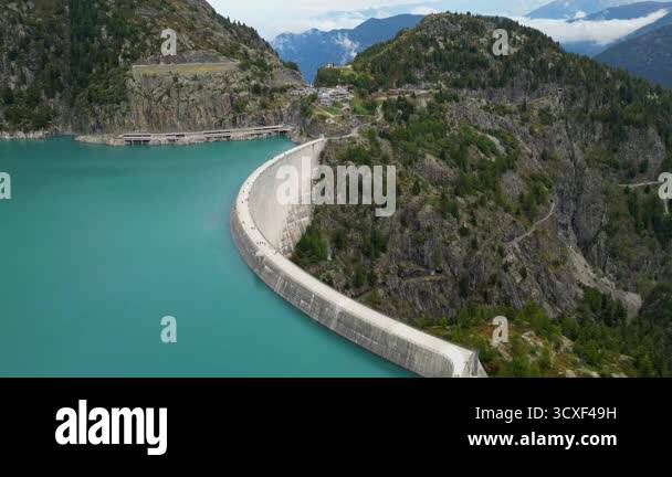 Aerial panoramic view of Emosson Dam in Finhaut, Switzerland, with ...