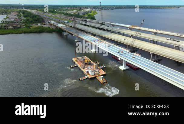 Aerial view of American highway bridge road under construction. Adding ...