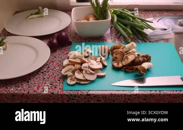 Closeup chef chopping organic mushrooms in kitchen Stock Video Footage ...