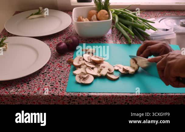 Closeup chef chopping organic mushrooms in kitchen Stock Video Footage ...