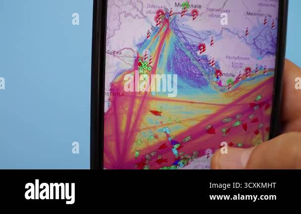 Ukraine Russia Black Sea Crimea marine traffic. Hand on a mobile device ...