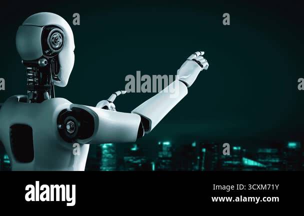 Internet connection controlled by AI robot huminoid and machine learning process to analyze data ...