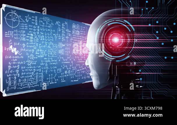 hominoid AI robot looking at hologram screen in concept of math calculation and scientific ...