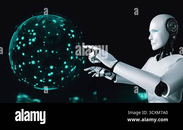 AI hominoid robot touching virtual hologram screen showing concept of big data analytic using ...