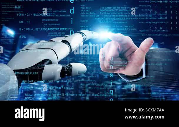 A human hand reaches out to connect with a robotic hand in a high-tech ...