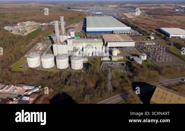 Aerial drone view of power plant, station with chimney stacks, gas ...