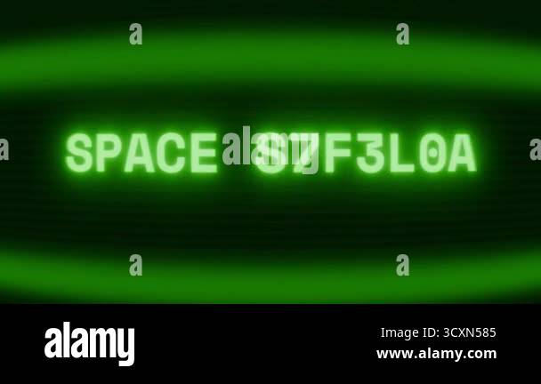 Old green CRT screen showing text SPACE SHUTTLE appearing in random ...